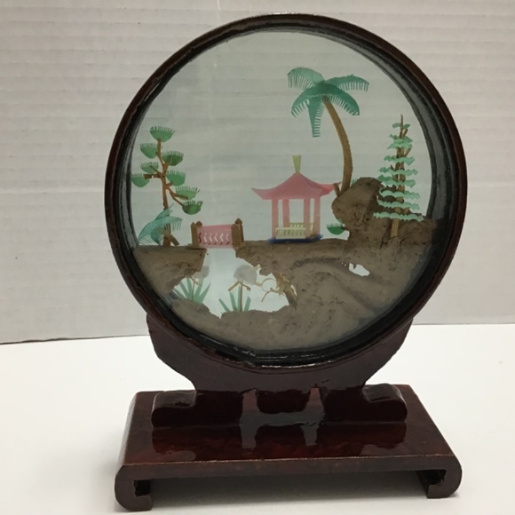 Accents | Chinese Cork Art Carving Colourful Pagoda Cranes Diorama Oval ...